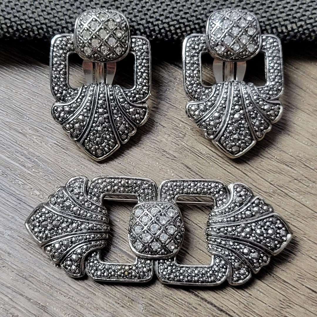 Avon Jewelry Set Brooch and Clip-on Earrings Art Deco Style Marcasite ...