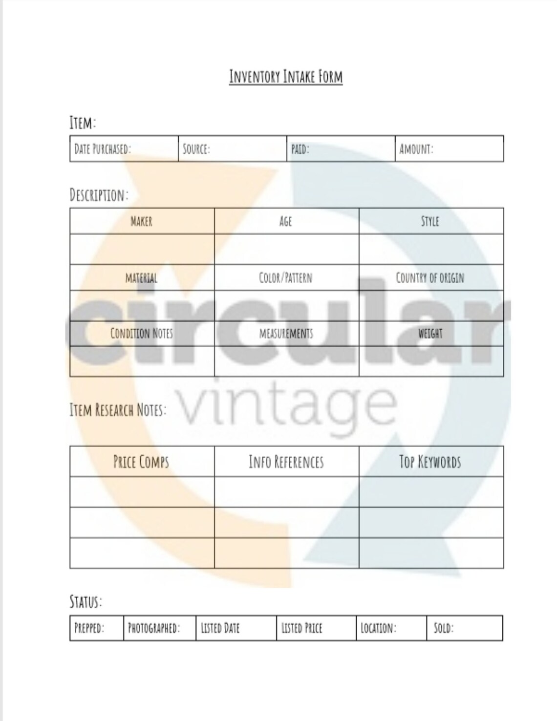 Vintage Seller Inventory Intake Sheet: Etsy & Ebay (digital Download ...