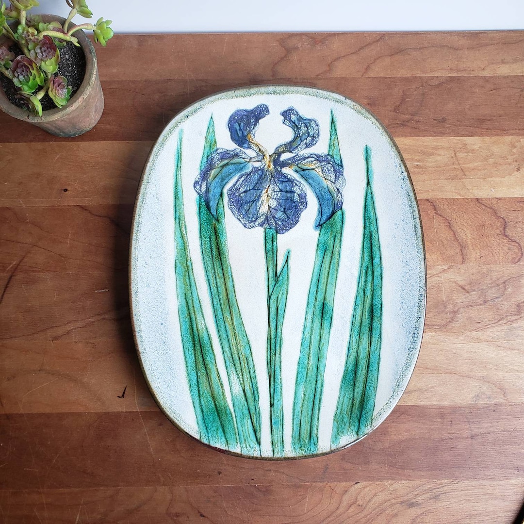 Handmade Blue Iris Pottery Tray: Artist Signed Floral Platter - Etsy