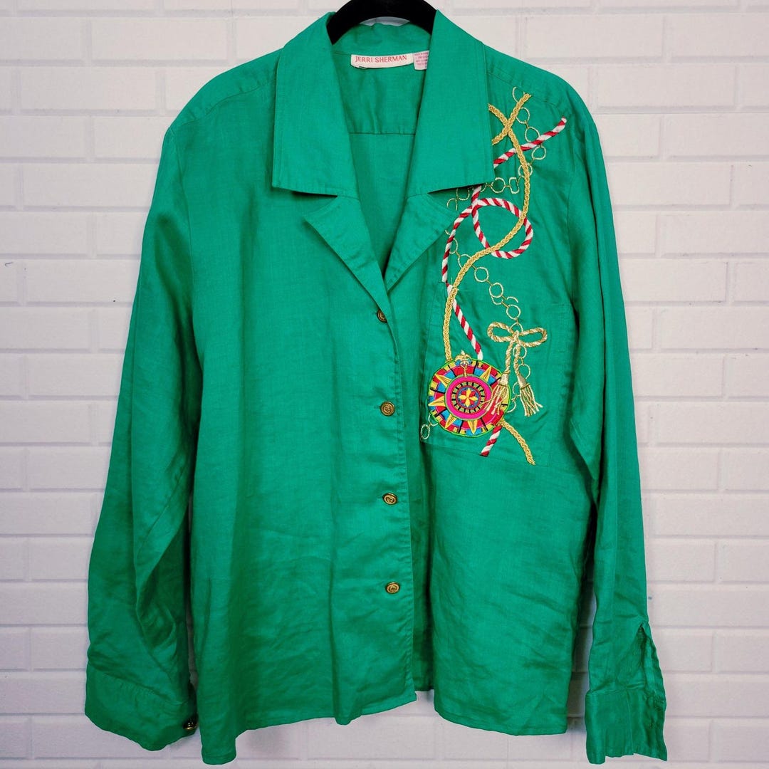 Vintage 80s Jerri Sherman Green Linen Shirt Nautical Embroidered Size ...