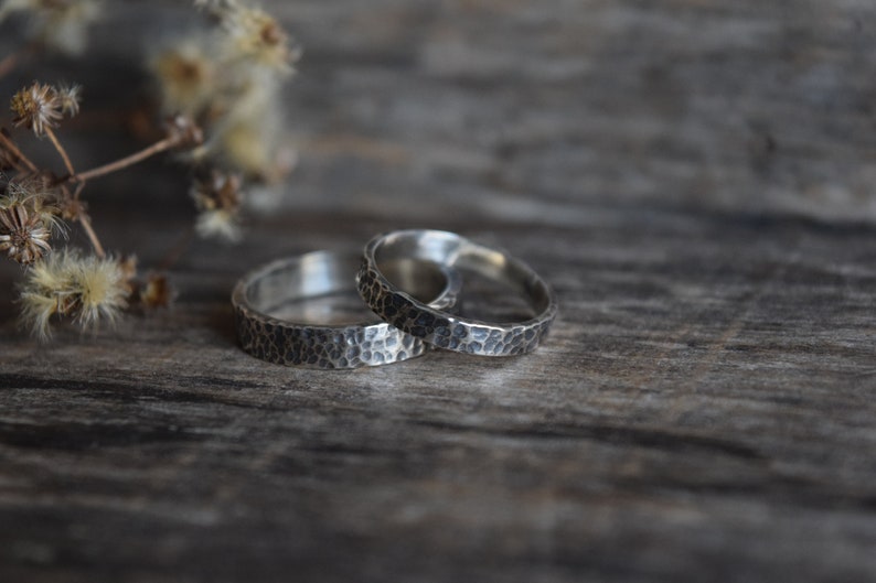 Matching Silver Wedding Band Set with Rustic Hammered Texture | Etsy