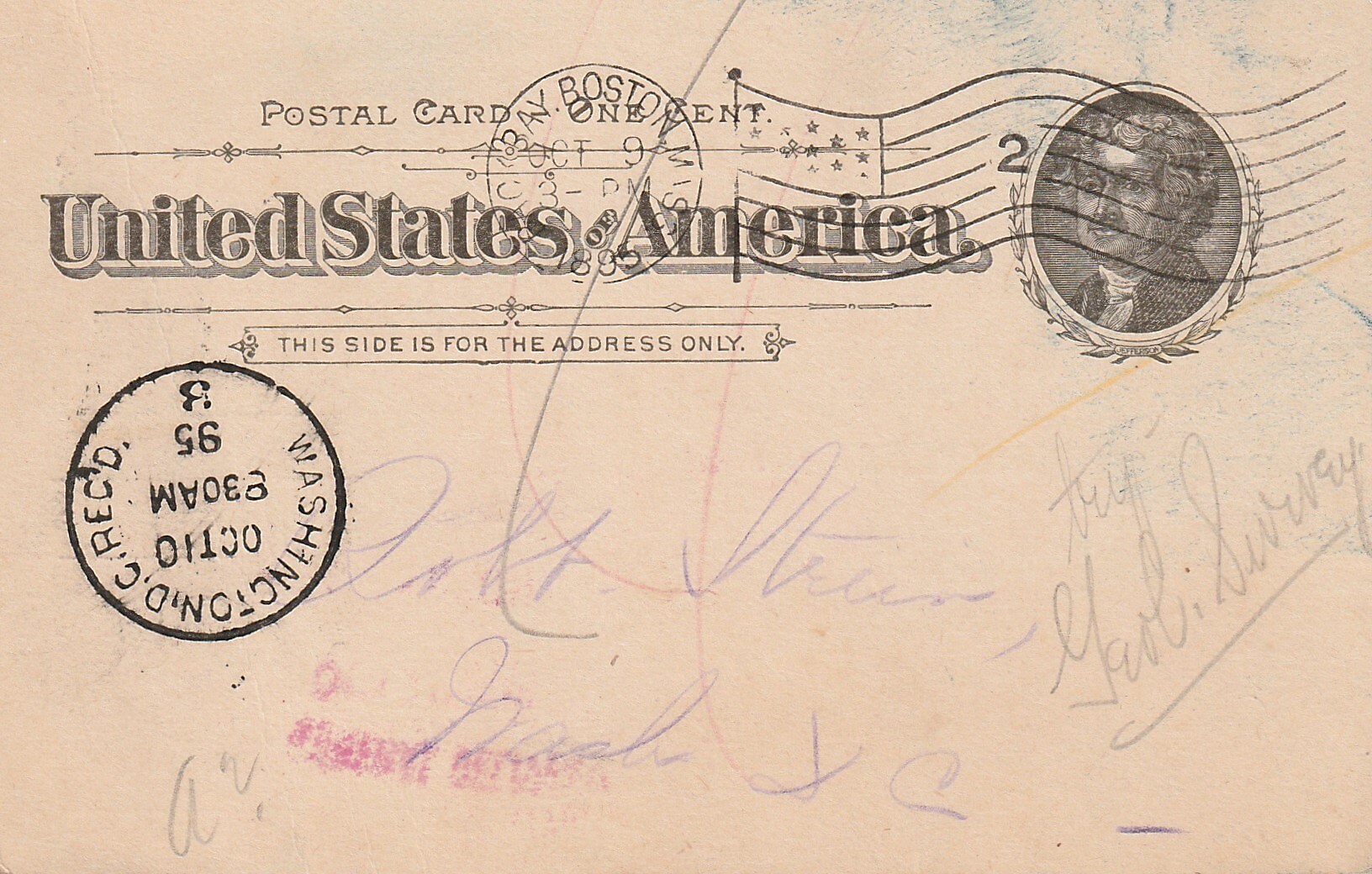 Antique Victorian Postal Card Postmarked 1895 1 cent Jefferson Scott ...