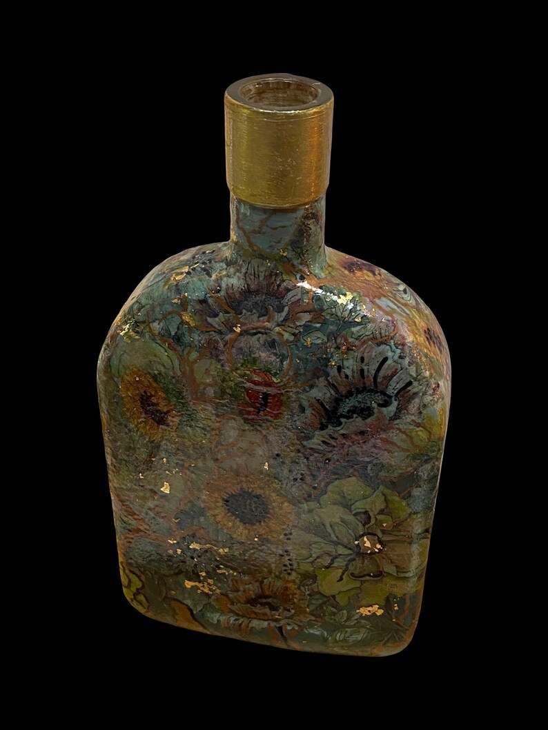 Artsy Hand Painted,embellished ,decoupaged Bottle, Uniquely Redesigned ...