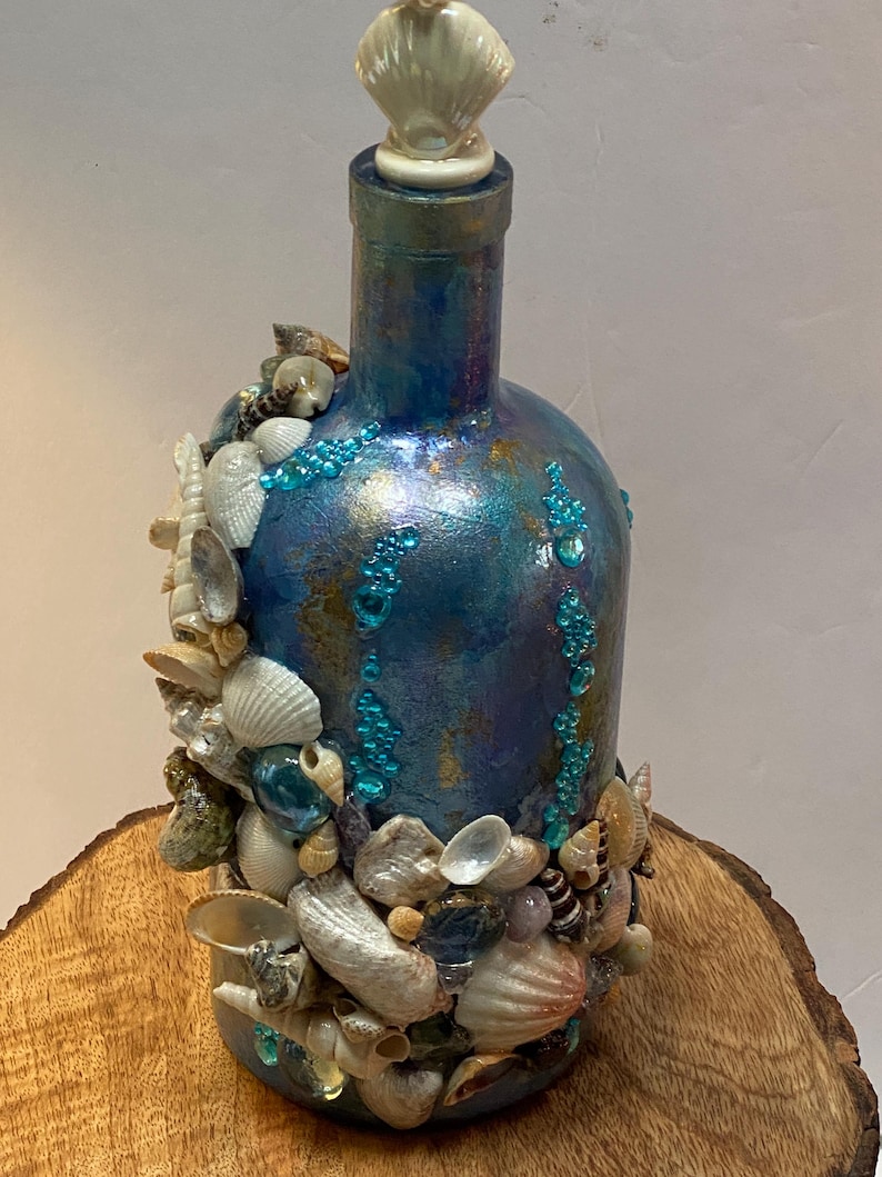 Seashell Bottle, OOAK, Artistic, Hand Painted, Decoupaged and Shell ...