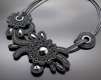 Black Gold Necklace Soutache With Onyx and Hematite. | Etsy