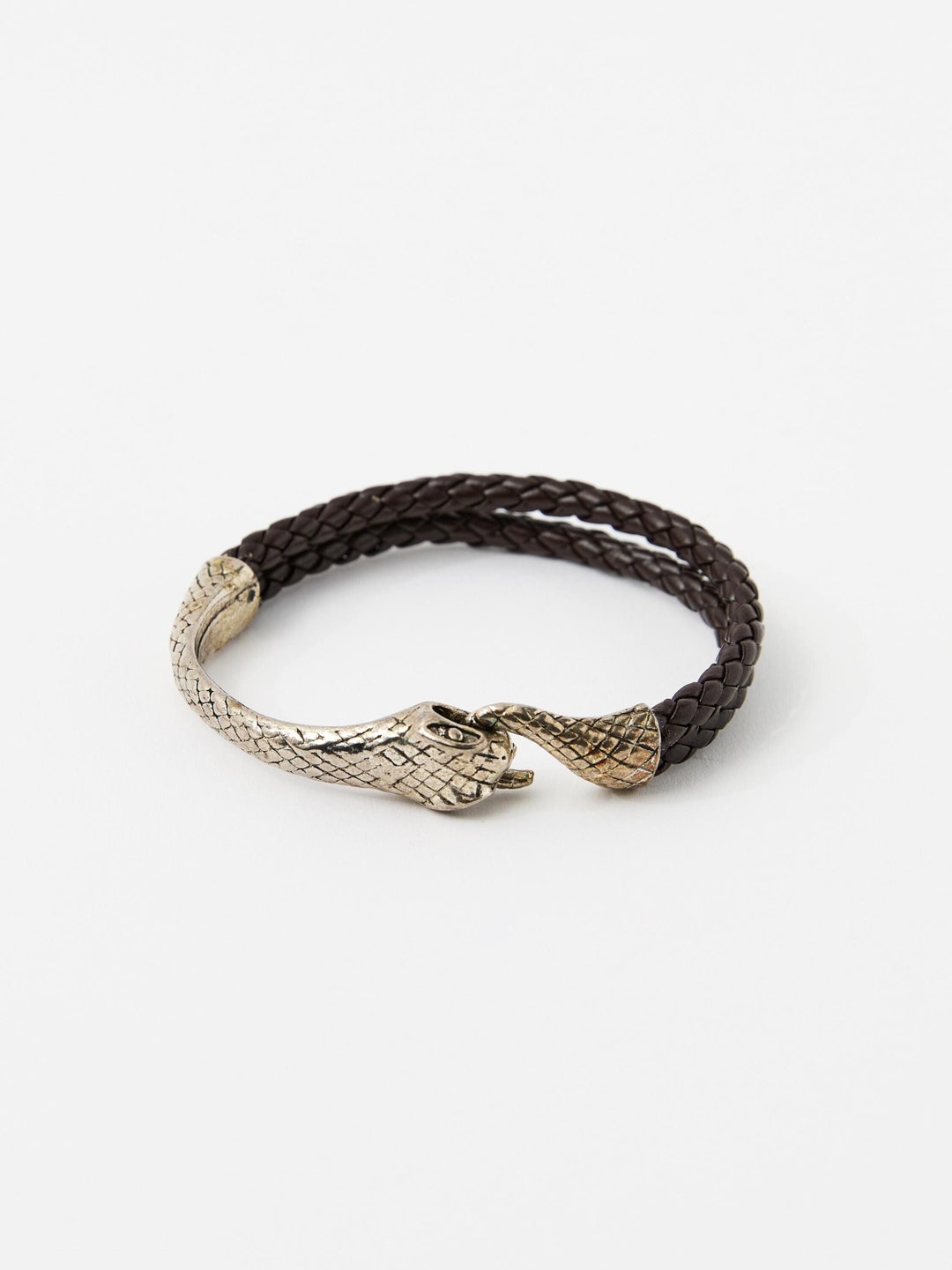 Brown Braided Leather Bracelet - Snake Clasp, Handmade Gift for Him or ...