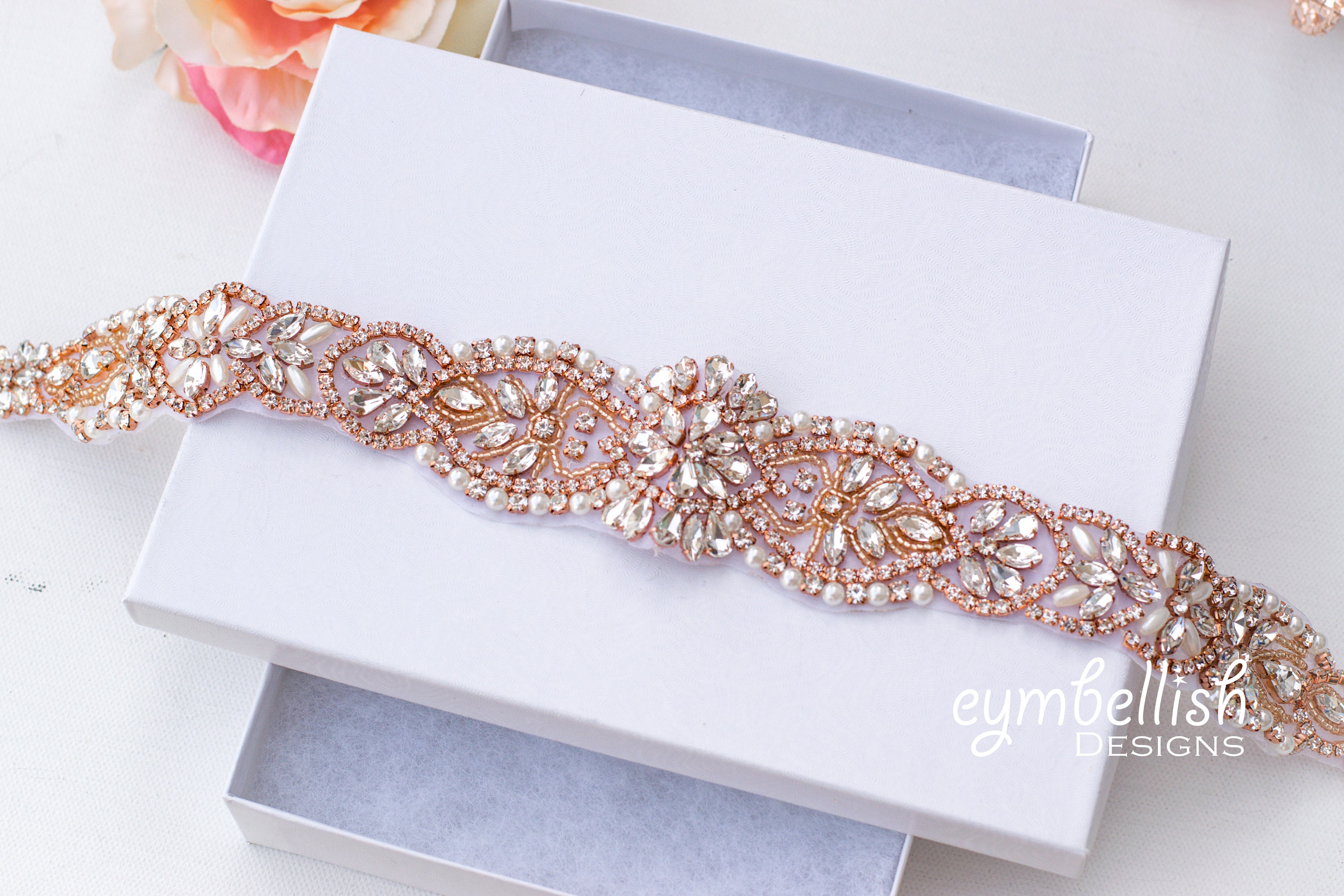 Rose Gold Crystal Rhinestone Bridal Belt on Satin Sash | Etsy