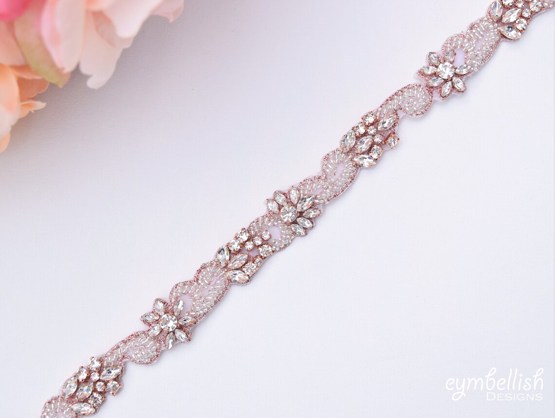 Thin Rose Gold Bridal Belt Full Length Thin Crystal - Etsy