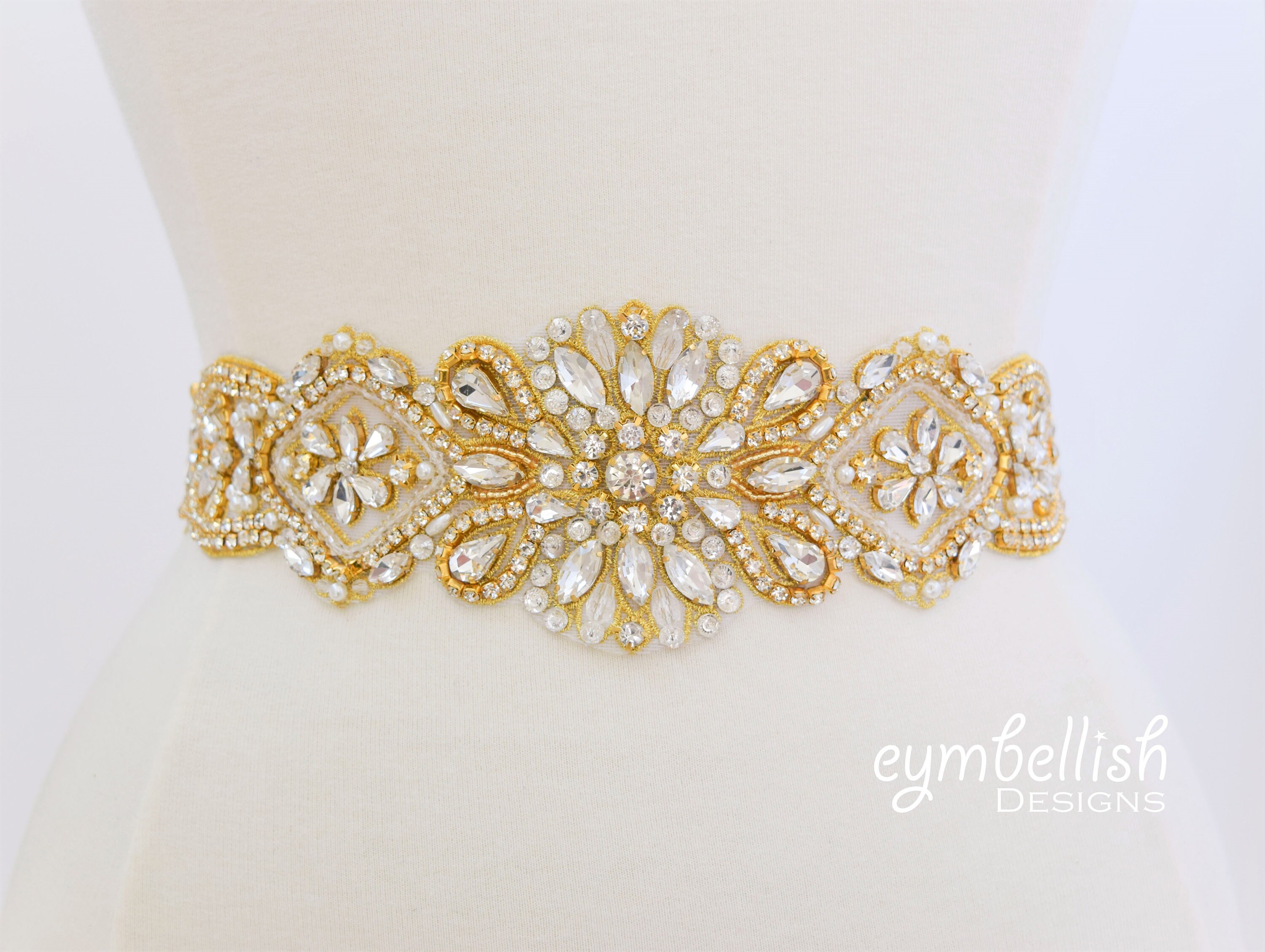 Gold Crystal Rhinestone Bridal Belt on Satin Sash Wide Bridal | Etsy