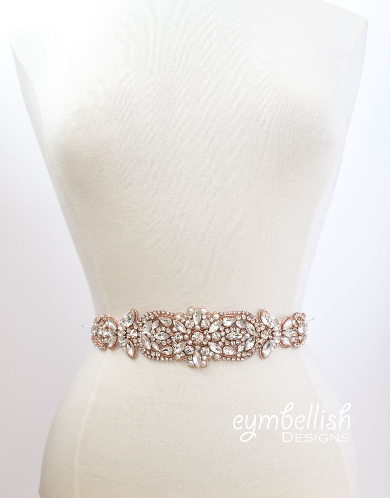Rose Gold Crystal Rhinestone Bridal Belt on Ribbon Sash- Bridal Sash ...