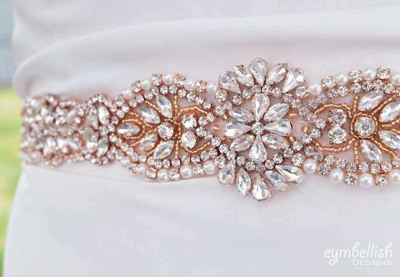 Rose Gold Crystal Rhinestone Bridal Belt on Satin Sash - Bridal Sash ...