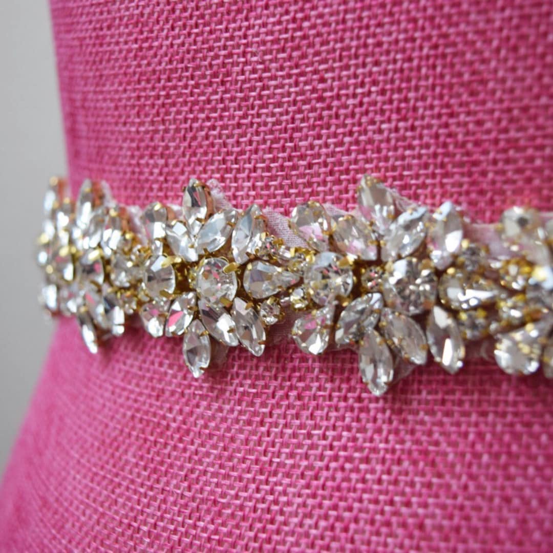 Gold Rhinestone Bridal Belt- Embellished Belt With Ribbon Sash -bridal ...