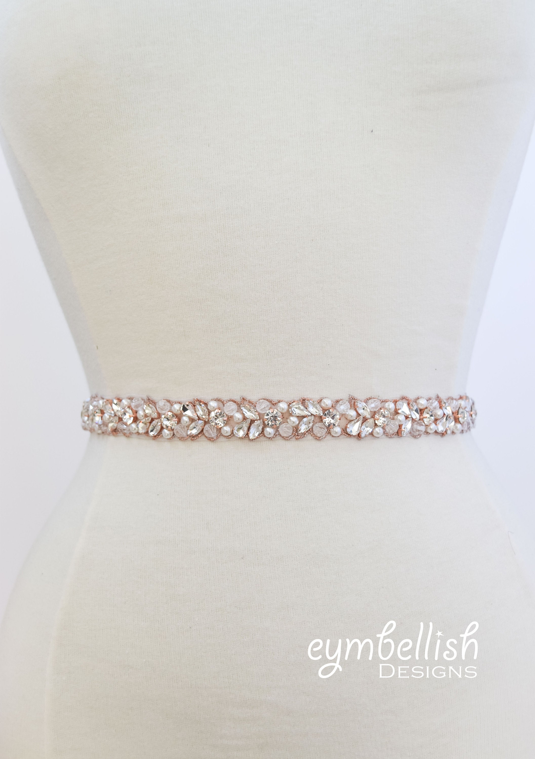 Rose Gold Thin Crystal Rhinestone and pearl bridal Belt Rose | Etsy