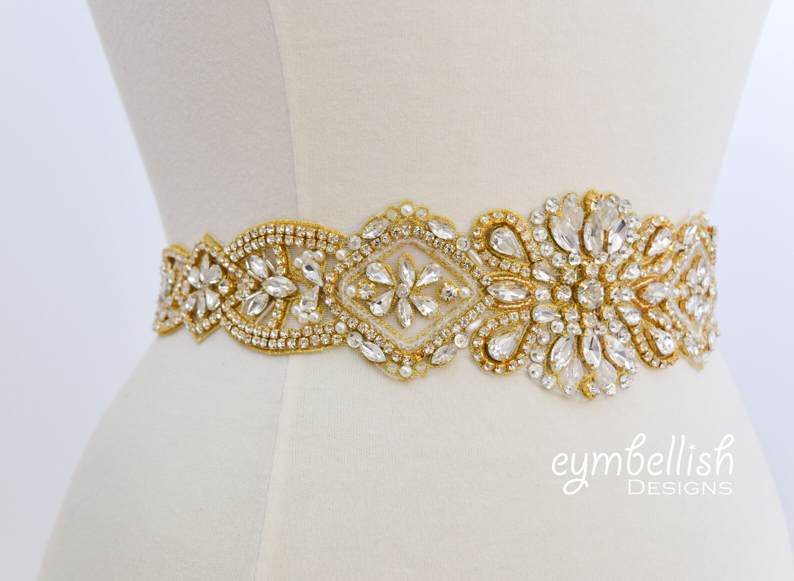 Gold Crystal Rhinestone Bridal Belt on Satin Sash Wide Bridal - Etsy