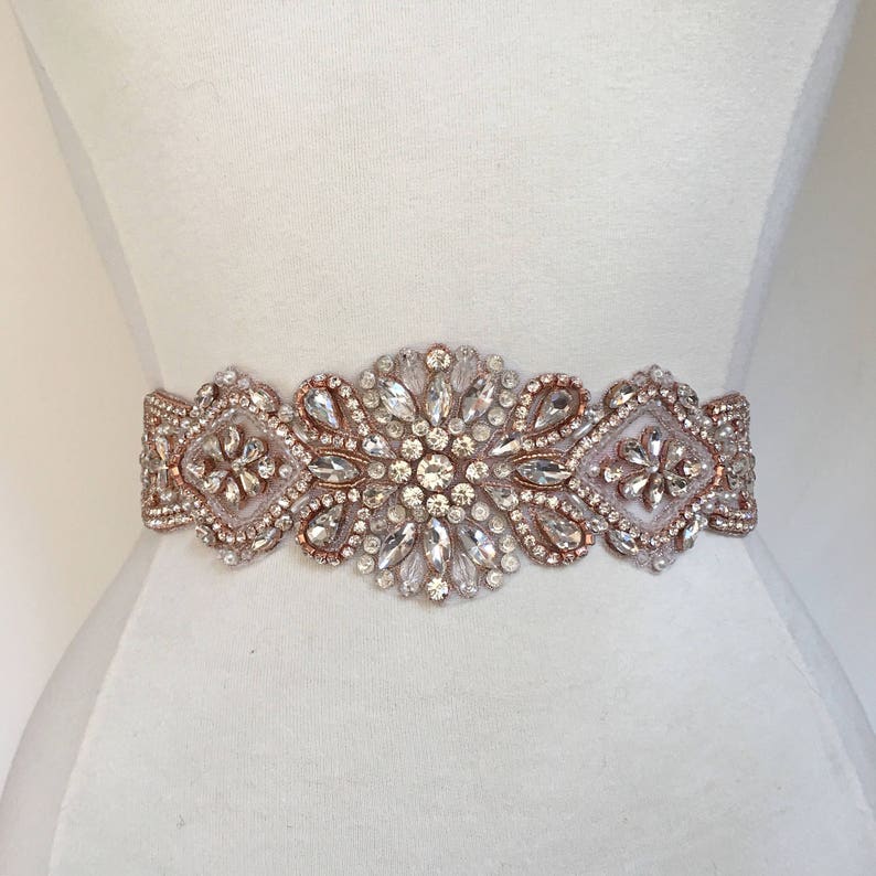 Rose Gold Crystal Rhinestone Bridal Belt on Satin Sash - Bridal Sash ...
