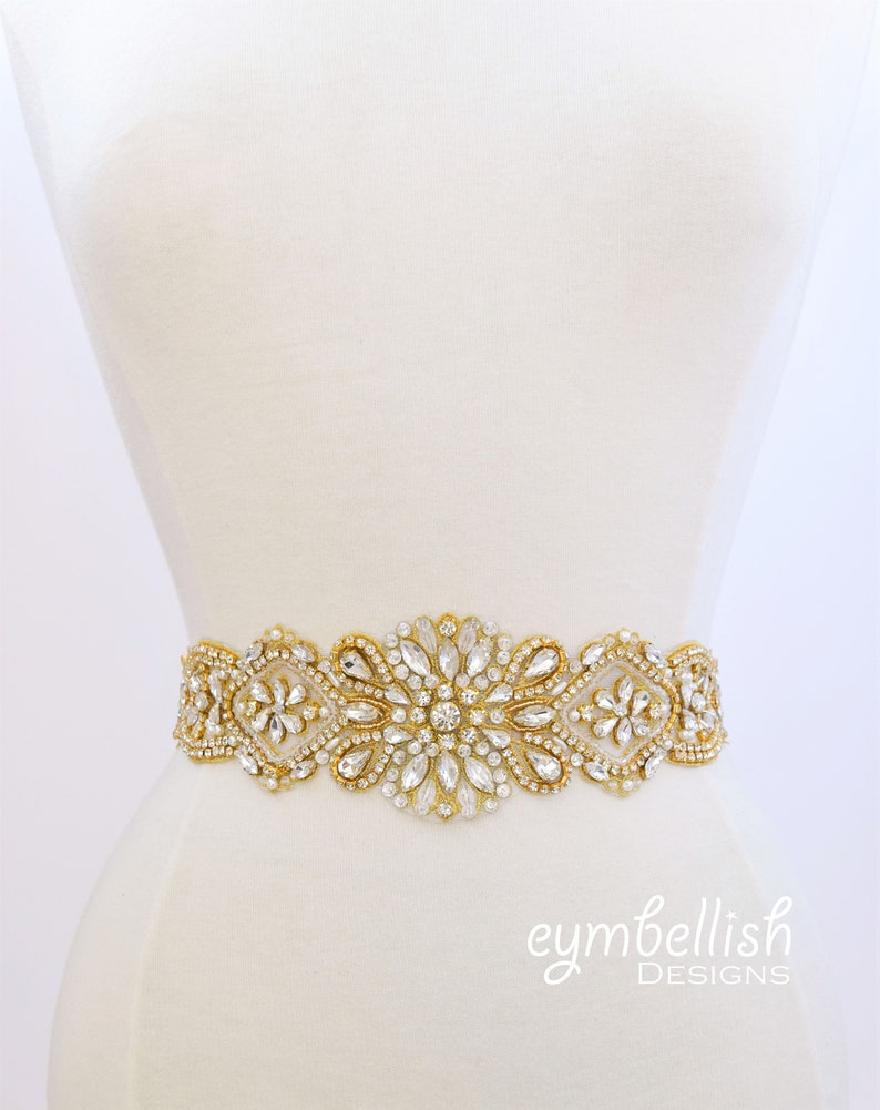 Gold Crystal Rhinestone Bridal Belt on Satin Sash Wide Bridal - Etsy
