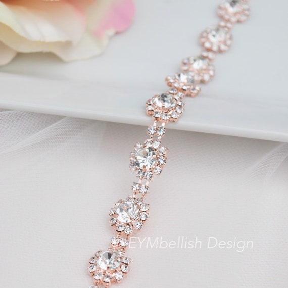 Thin Rose Gold Crystal Rhinestone Belt With Clasp Hook Bridal Etsy