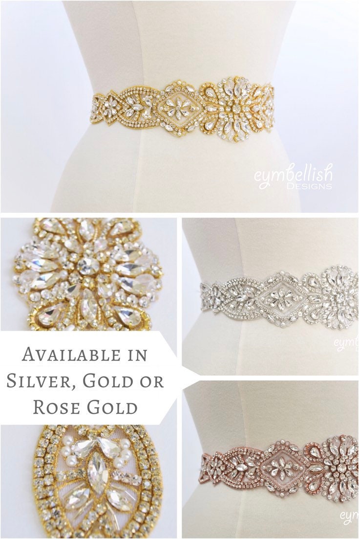 Gold Crystal Rhinestone Bridal Belt on Satin Sash Wide Bridal | Etsy