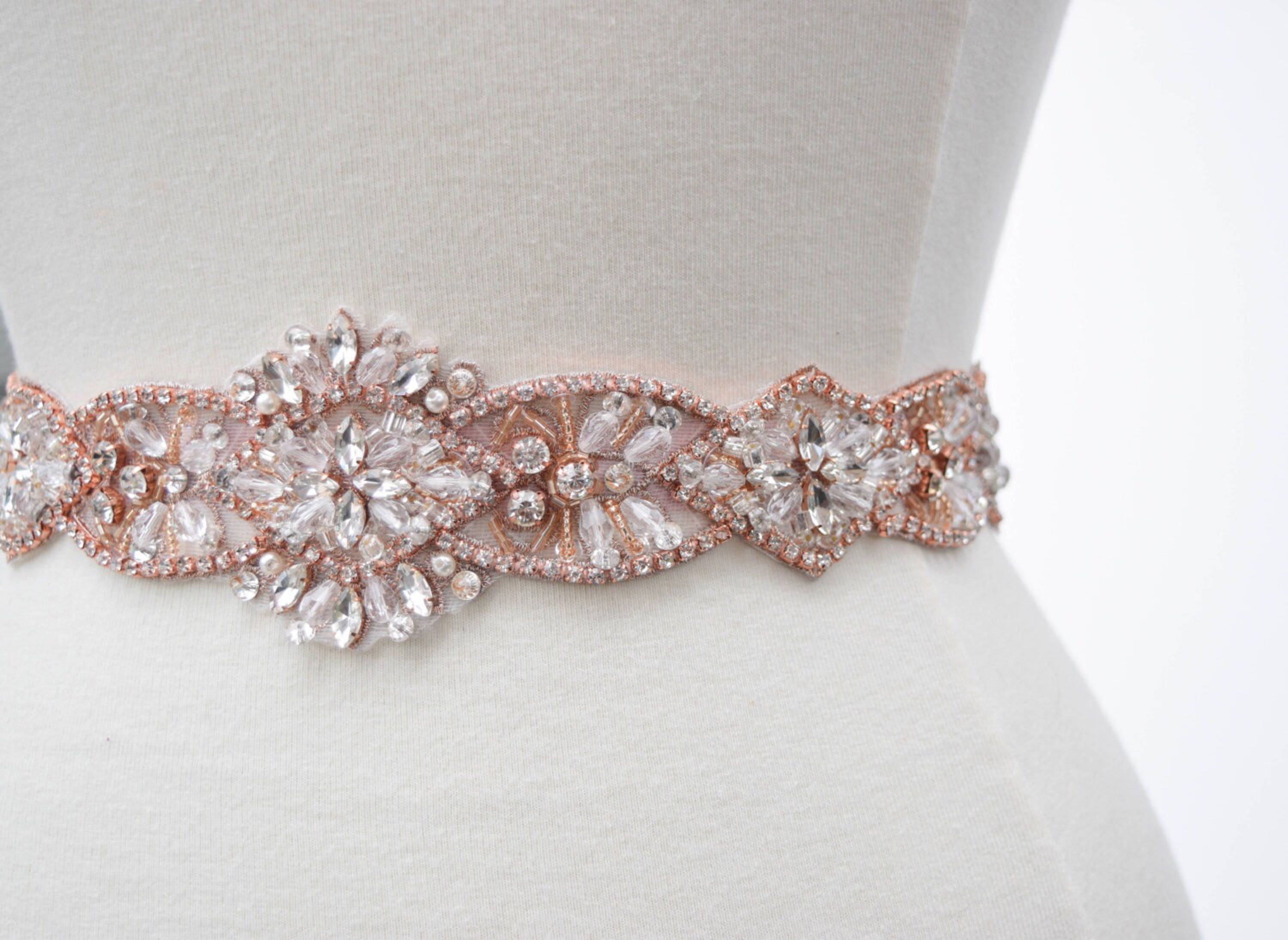 Rose Gold Crystal Rhinestone Bridal Belt on Satin Sash Bridal | Etsy