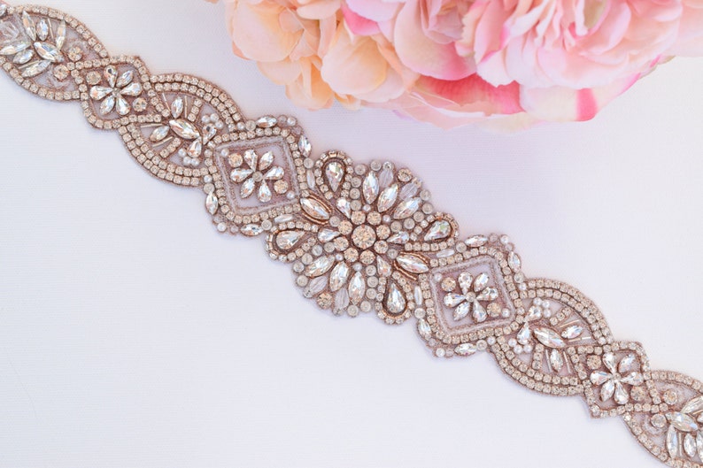Rose Gold Crystal Rhinestone Bridal Belt on Satin Sash - Bridal Sash ...