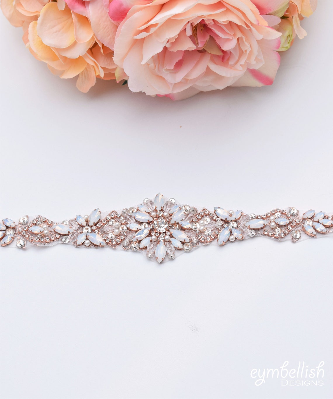 Rose Gold Opal Rhinestone Bridal Belt on Ribbon Sash | Etsy