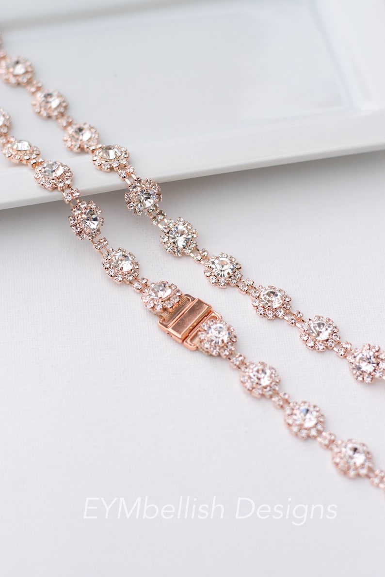 Thin Rose Gold Crystal Rhinestone Belt With Clasp Hook Bridal | Etsy