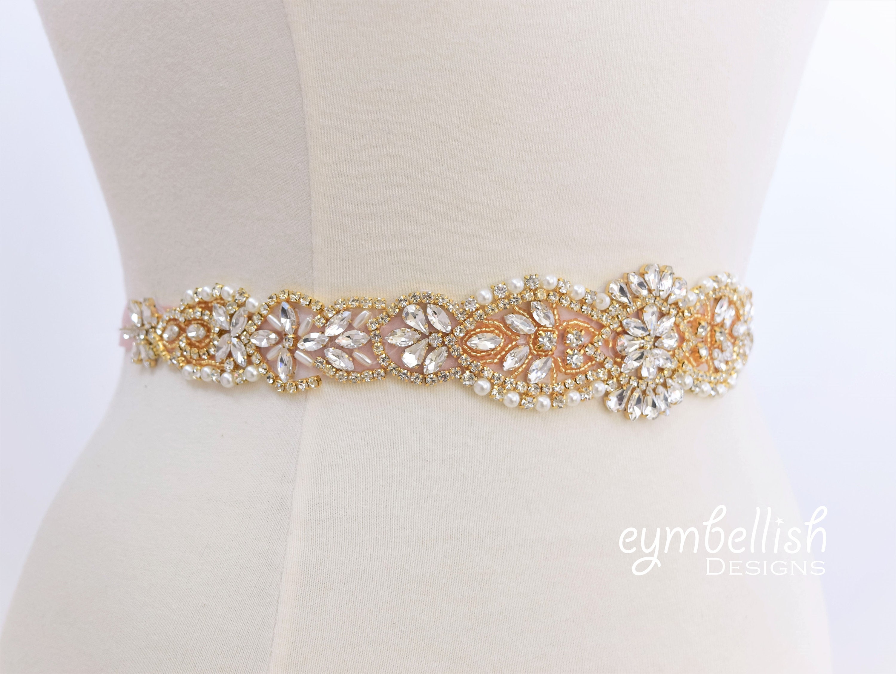 Gold Crystal Rhinestone Bridal Belt on Satin Sash Bridal | Etsy