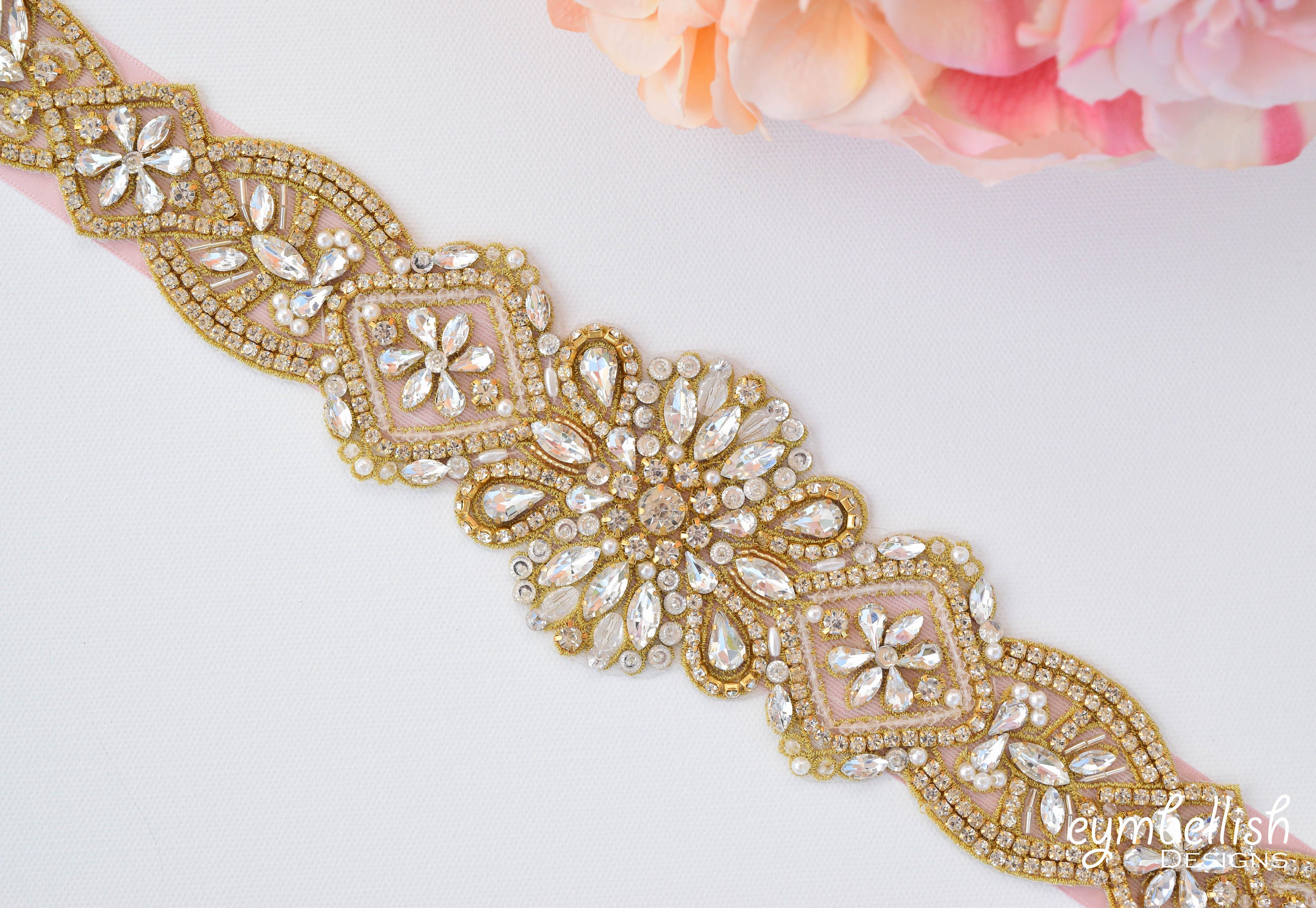 Gold Crystal Rhinestone Bridal Belt on Satin Sash Wide Bridal | Etsy