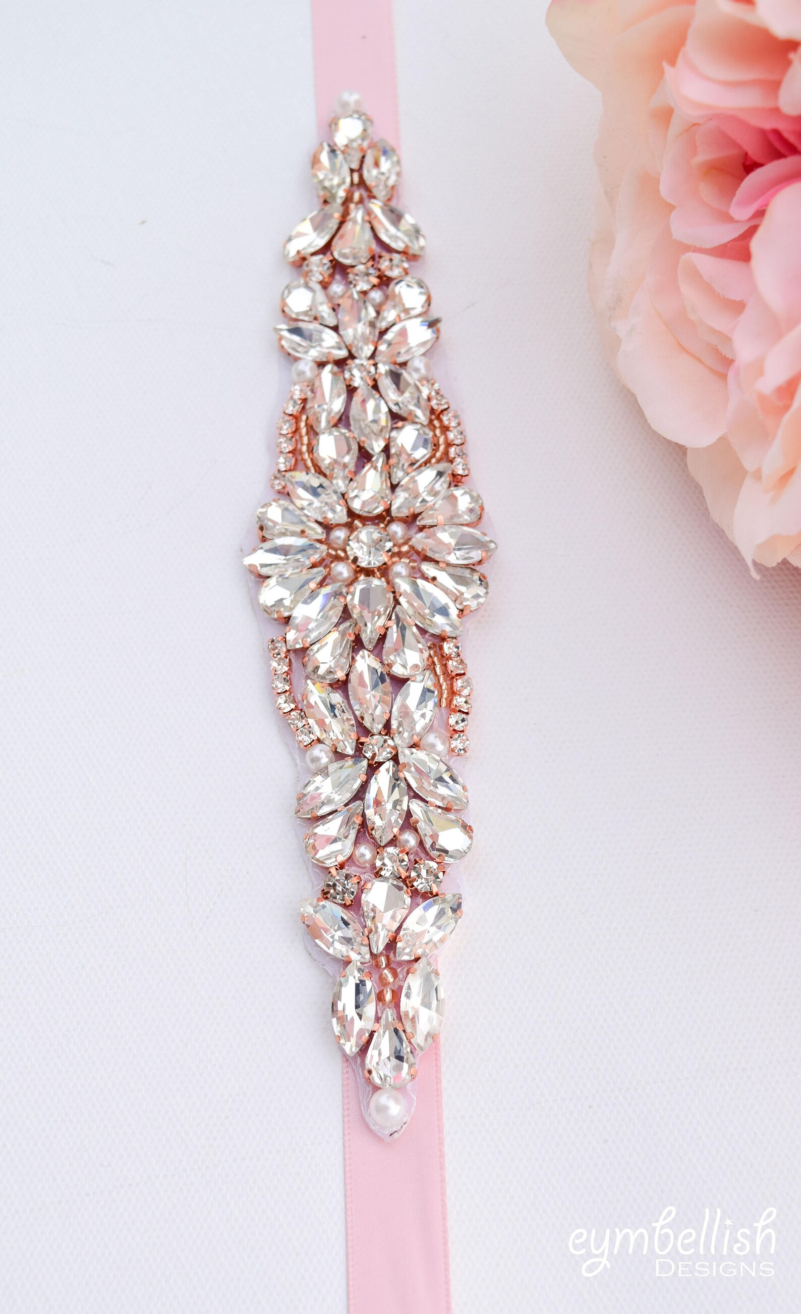 Custom Rose Gold Bridal Belt on Ribbon Sash - Rose Gold Bridal Sash ...