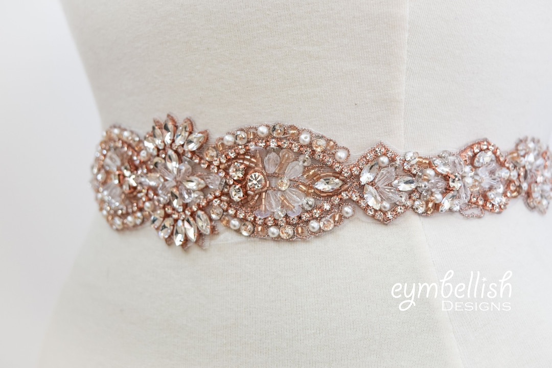 Rose Gold Bridal Belt on Satin Sash- Thick Crystal Rhinestone Bridal ...