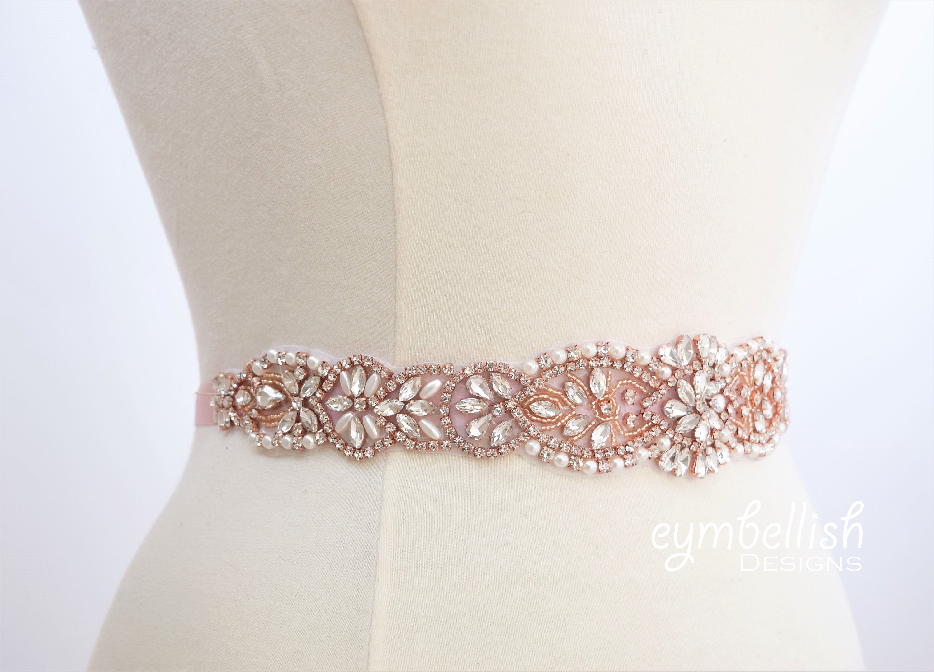 Rose Gold Crystal Rhinestone Bridal Belt on Satin Sash | Etsy