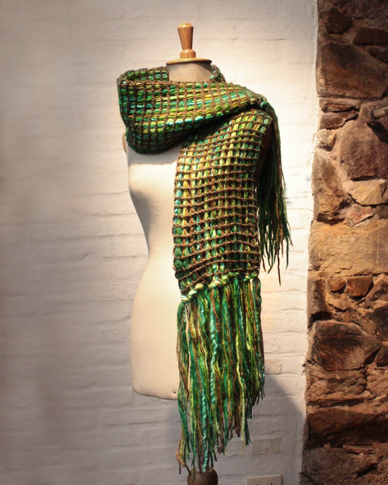 Green Wool Scarf, Fringe Scarves, Winter Strand Wrap, Crochet Scarf ...