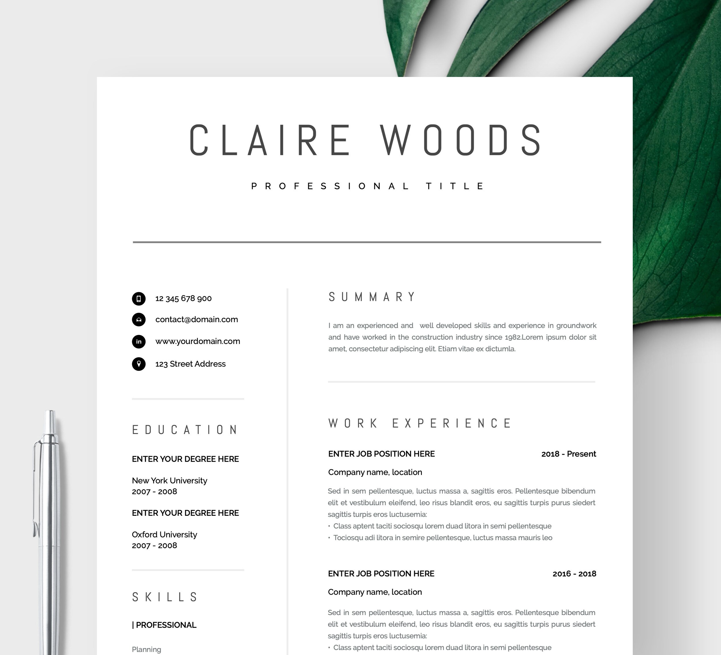 Resume Template, Professional Resume Template for Word and Mac Pages ...