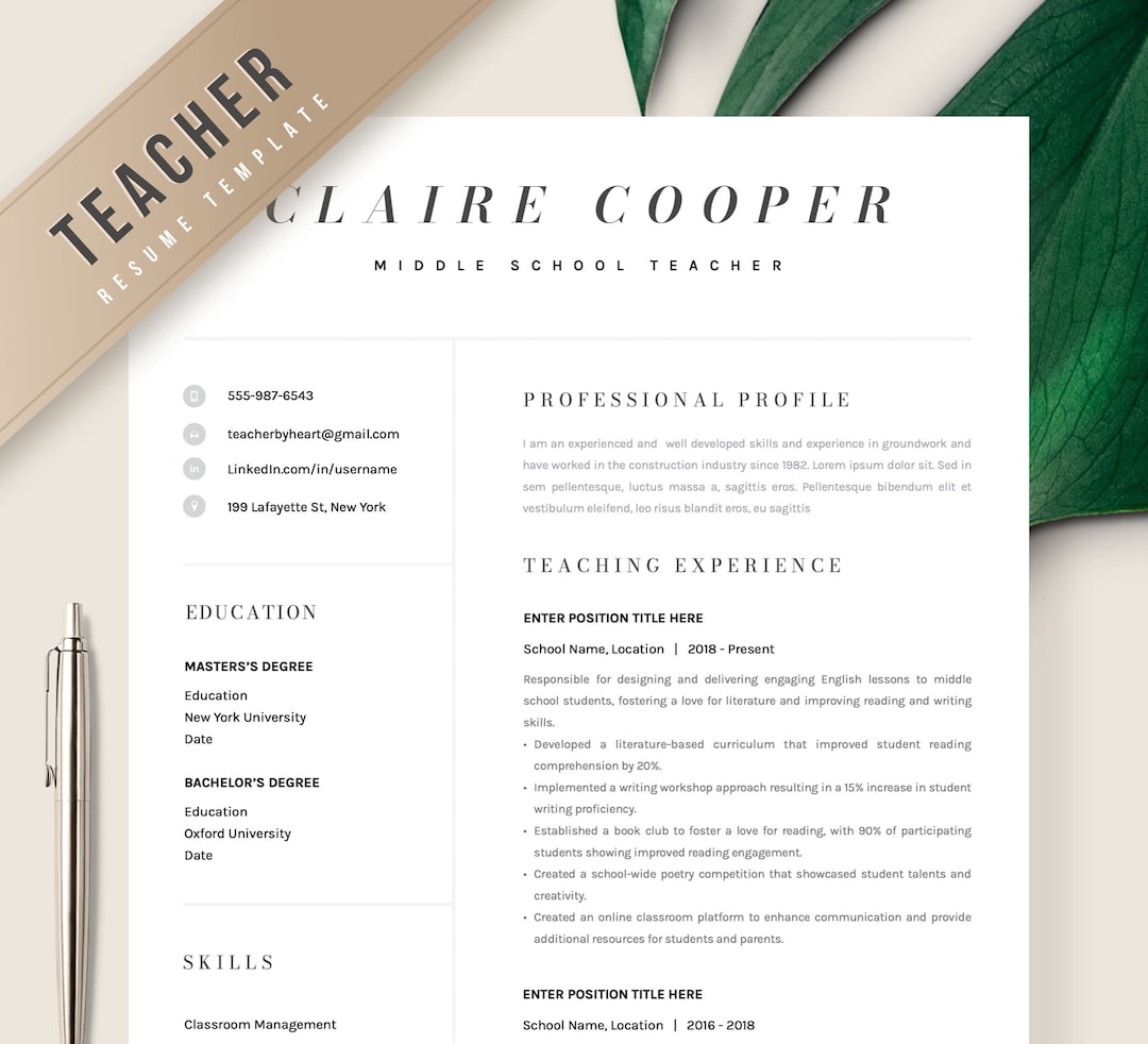 Teacher Resume CV Template Word Pages Teacher Resume Template 3 Page ...