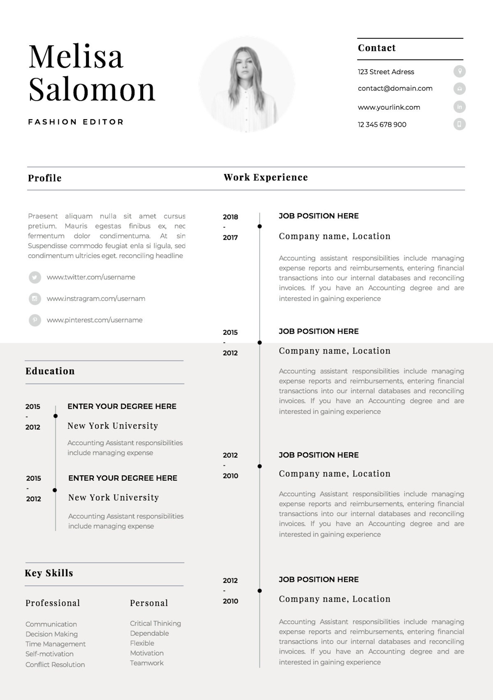 One Page Resume Template With Photo for Word & Pages CV Template With ...