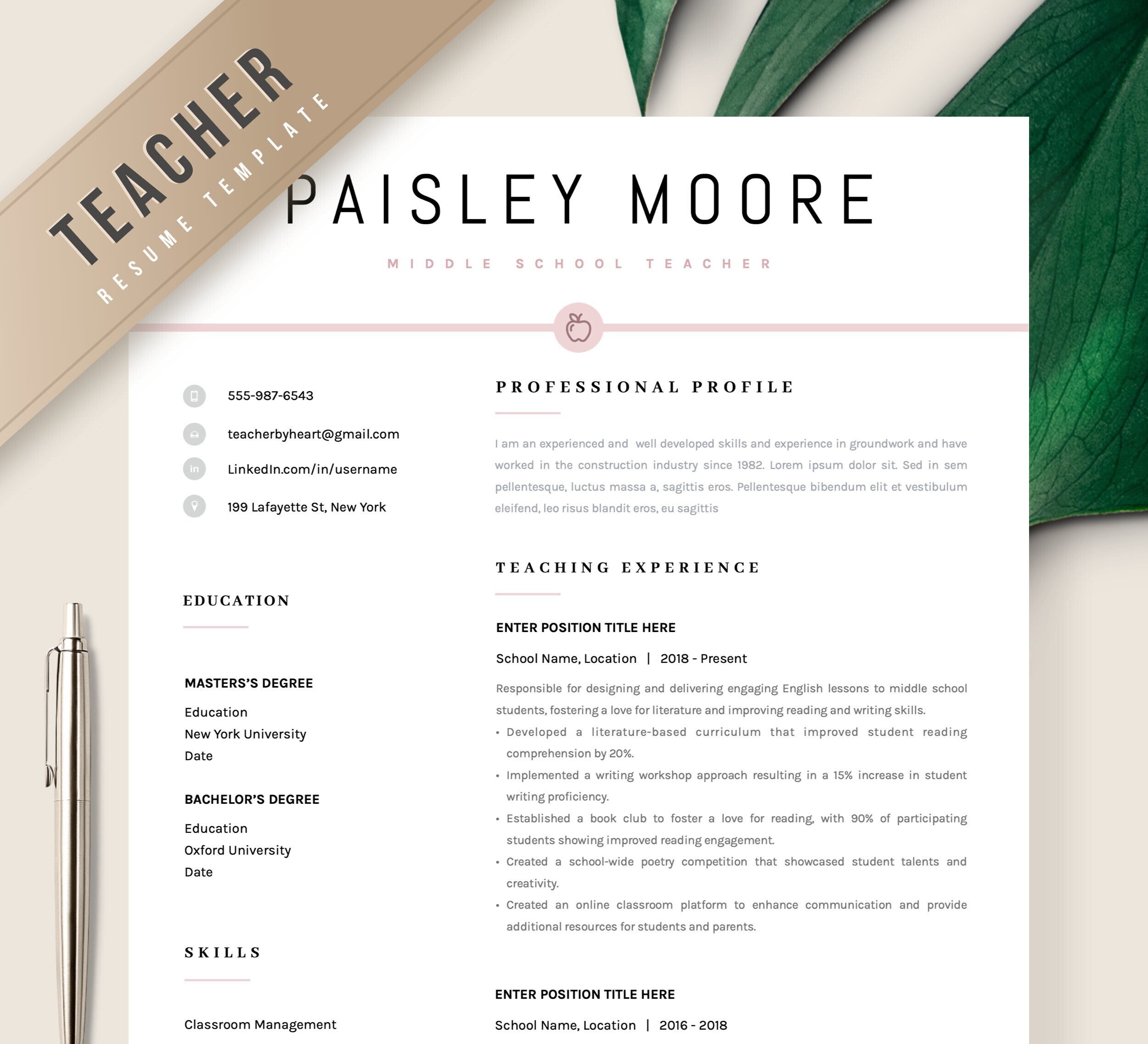 Elementary School Teacher Resume Template Word Pages, Teaching Resume ...