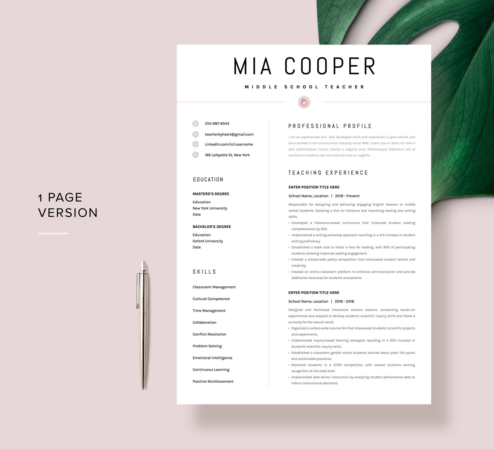 Elementary School Teacher Resume Template Pink Resume Template Teaching ...