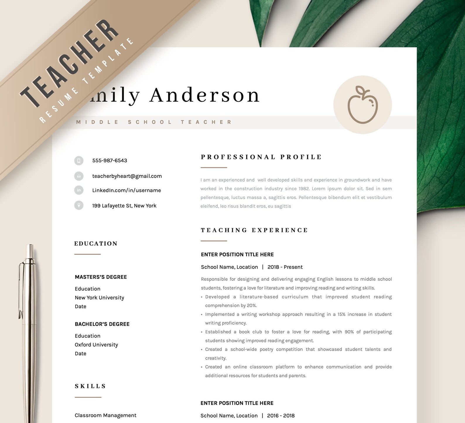 Teacher Resume Template Word and Pages, Teaching Resume Template, CV ...