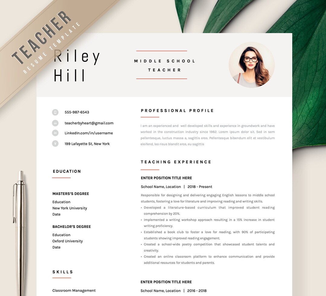 Teacher Resume Template With Photo Teacher CV Template Word Pages ...