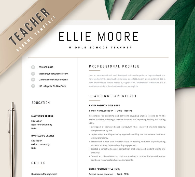 Teacher Resume Template Word and Pages Teaching Resume Template Resume ...
