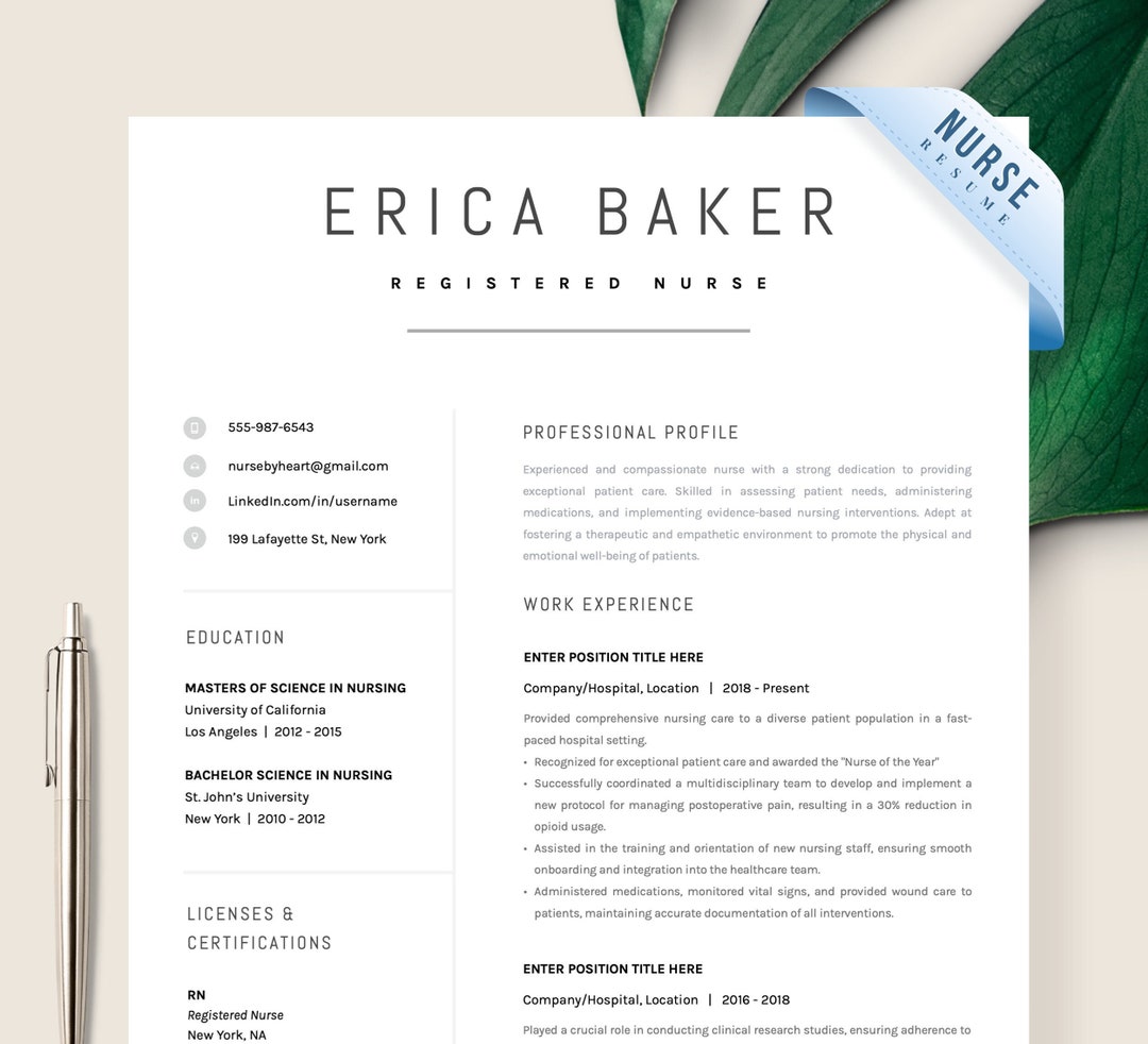 Simple Clean Nurse Resume Template for Word and Pages With Cover Letter ...