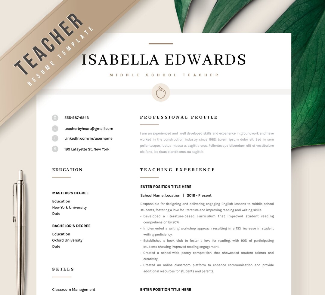 Resume Template Teacher Resume Word Pages Teacher CV Template, Teaching ...