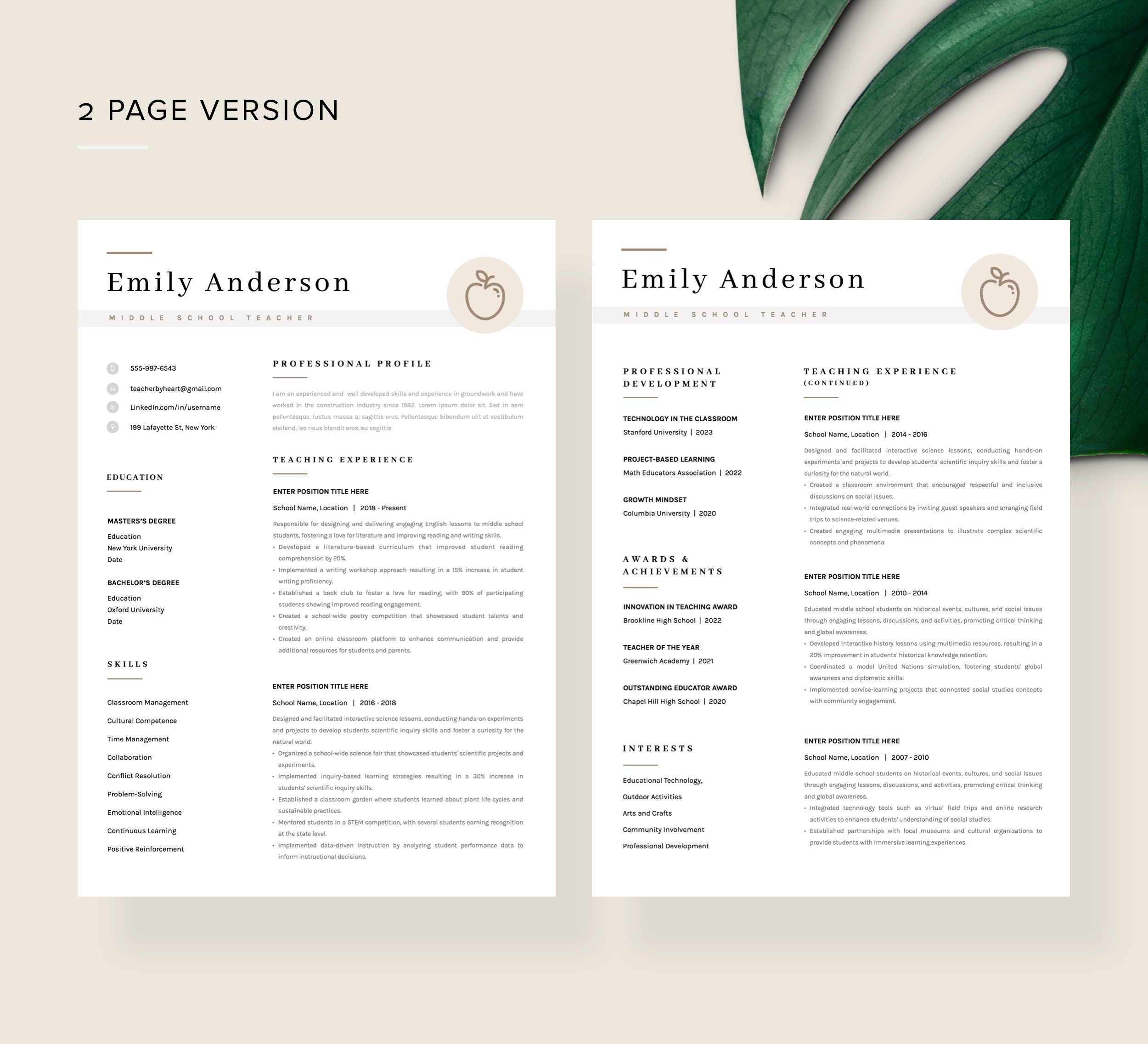 Teacher Resume Template Word and Pages, Teaching Resume Template, CV ...