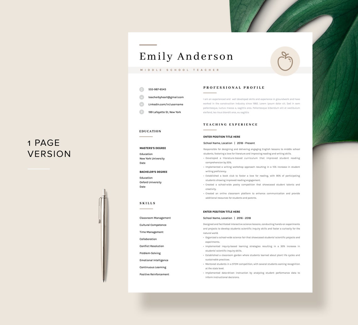 Teacher Resume Template Word and Pages, Teaching Resume Template, CV ...