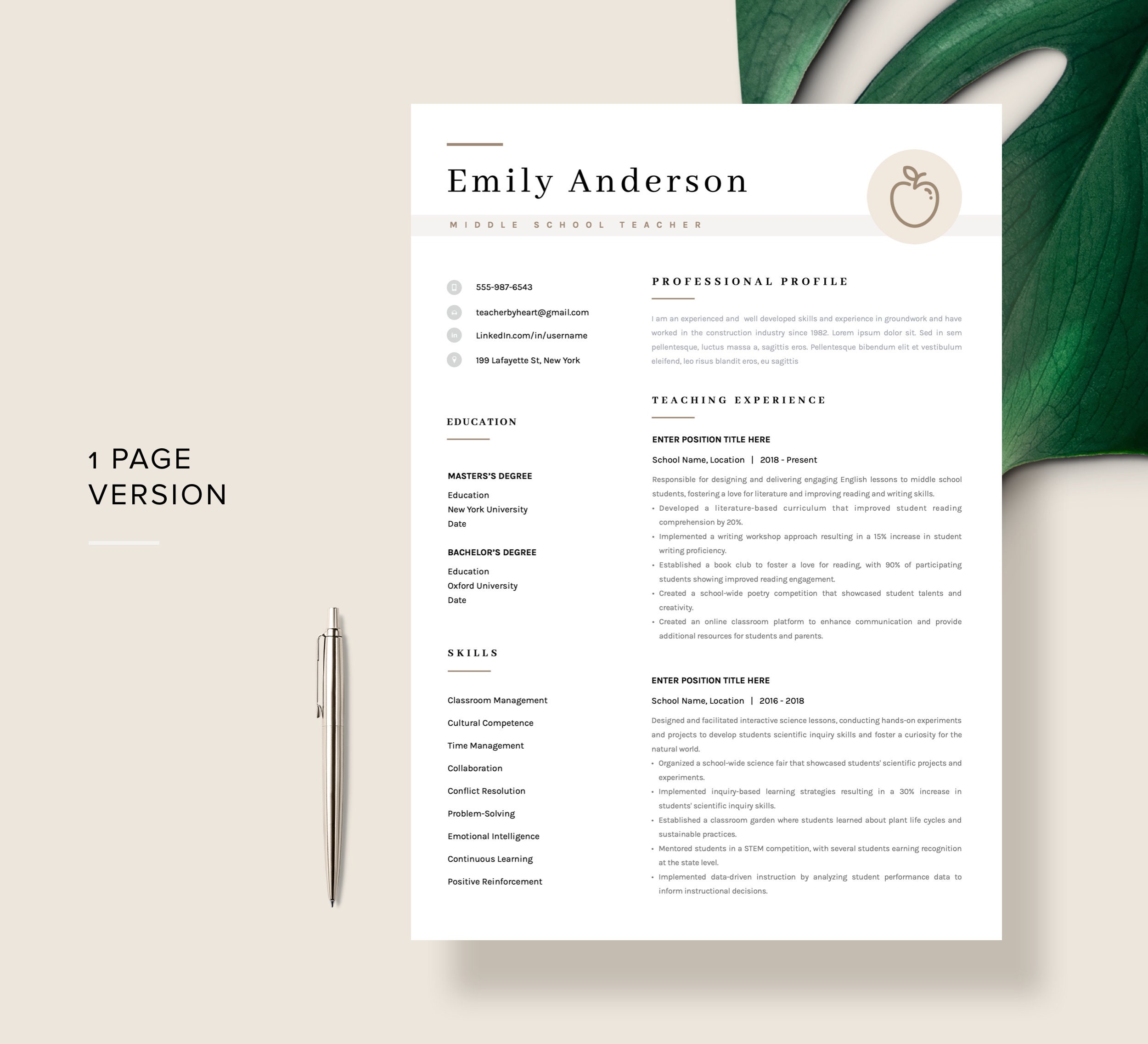 Teacher Resume Template Word and Pages, Teaching Resume Template, CV ...