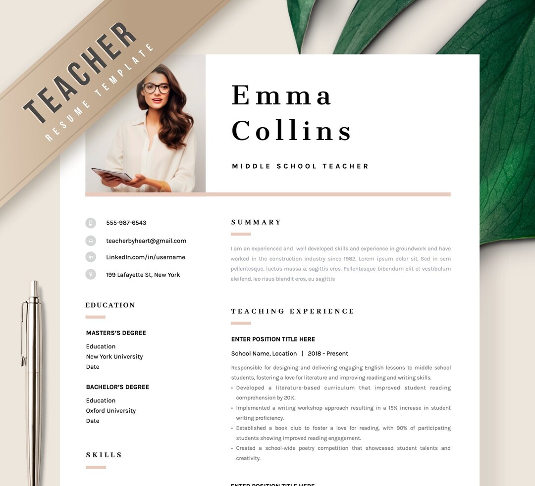 Teacher Resume Template With Photo Teacher CV Template for Word Pages ...