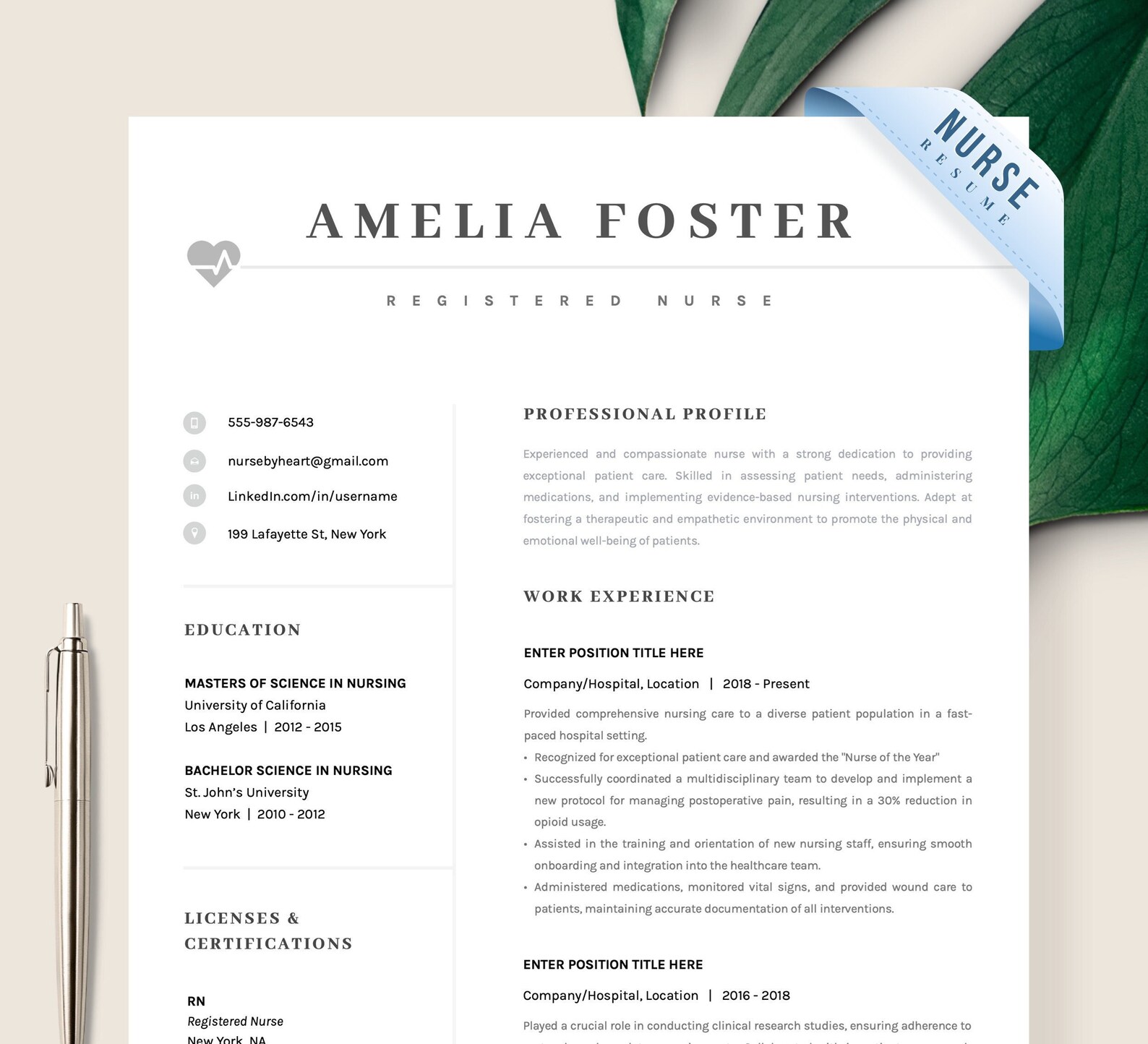 Nursing Resume Template Cover Letter for MS Word Pages, Registered Nurse Practitioner CV Resume ...