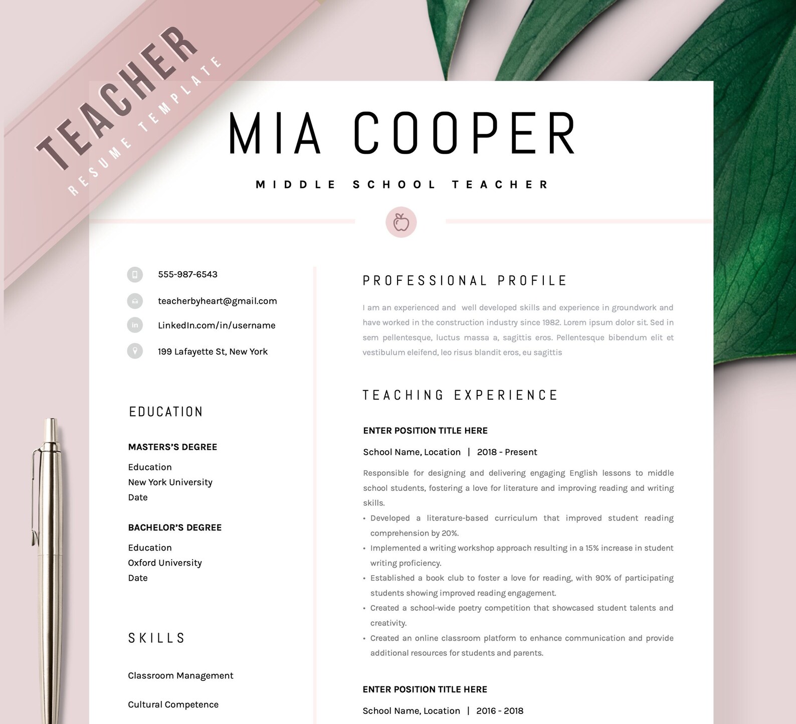 Elementary School Teacher Resume Template Pink Resume Template Teaching ...