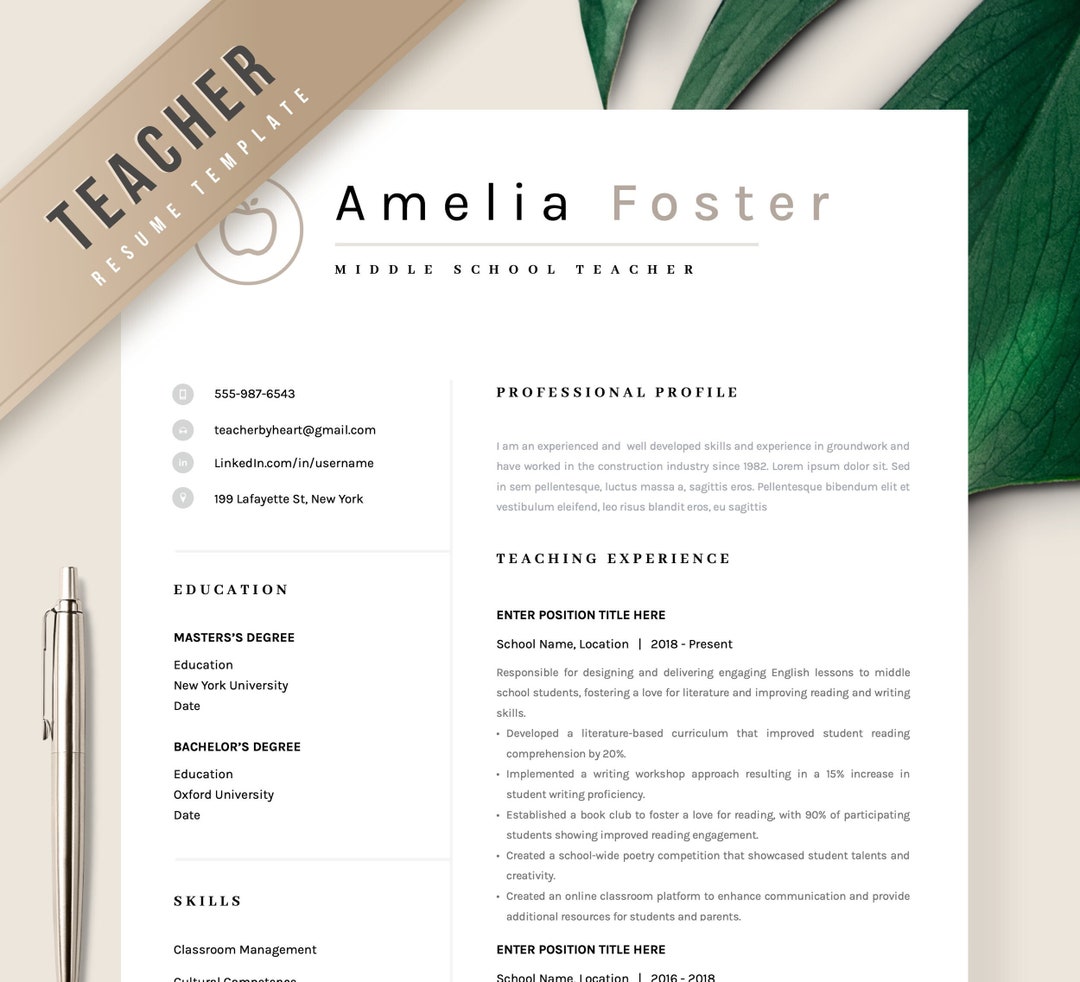 Teacher Resume Template Word, Pages CV Teacher Resume CV Template for ...
