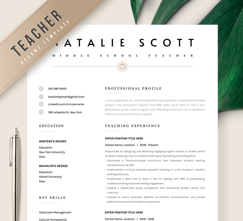 Teacher Resume Template Word and Page 1, 2, 3 Page, Teacher Resume CV ...